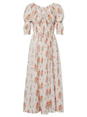 DÔEN Ischia Gathered Floral Cotton Midi Dress Multicoloured