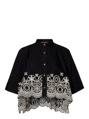 La DoubleJ Embroidered Cropped Cotton Shirt - Black