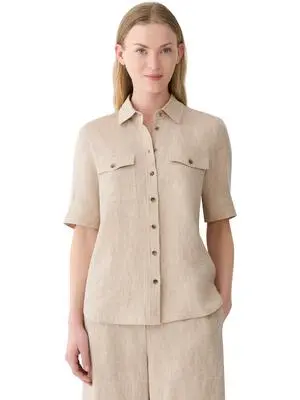 Lafayette 148 New York Organic Linen Patch Pocket Shirt - Cadet Khaki Melange