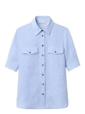 Lafayette 148 New York Organic Linen Patch Pocket Shirt - Delphinium Blue Melange