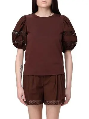 TWINSET Cotton Top With Lace Balloon Sleeves Coffee
