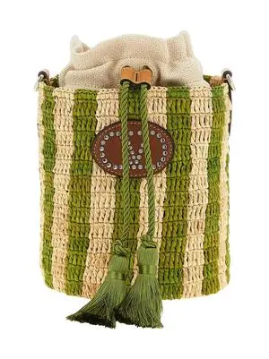 Valentino Garavani Valentino Garavani Striped Raffia Bucket Bag With Tassel Accents Green