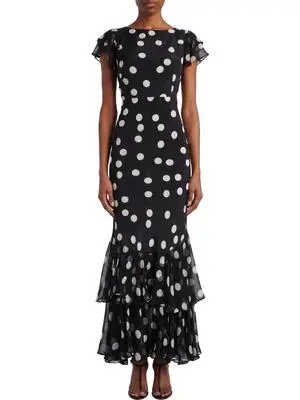 Rixo Polka Dot Viscose Maxi Dress With Ruched Details - Black