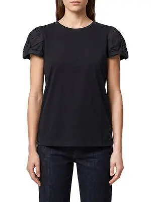 TWINSET Slim Fit Cotton Top With Puff Sleeves And Crew Neck - Black