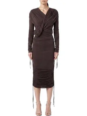 Balmain Ruched Midi Dress - Brown