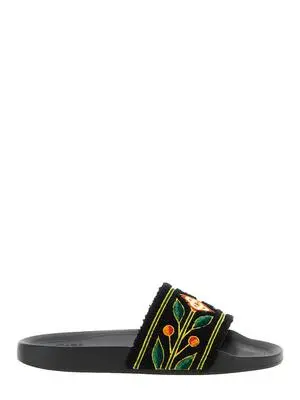 Casablanca Laurel Terry Sliders With Floral Embroidery - Black