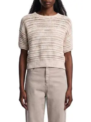 Emporio Armani Emporio Armani Perforated Cotton Blend Knit Top With Crew Neck And Button Back Beige