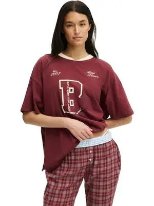 Cotton:on 90's Oversized Sporty V-neck Tee - Burnt Apple Always Dreaming