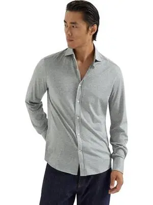 Brunello Cucinelli Silk And Cotton Lightweight Jersey Shirt With Spead Collar - Grey