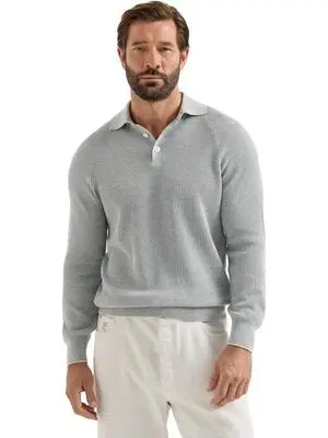 Brunello Cucinelli Cotton English Rib Knit Polo With Long Raglan Sleeves Light Grey
