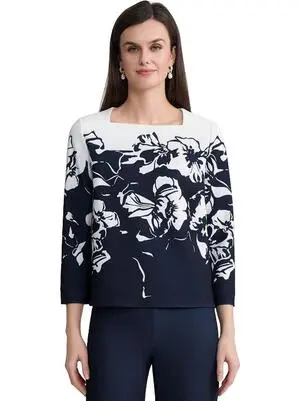 Ming Wang Floral Print Stretch Deco Crepe Blouse - Indigo/white