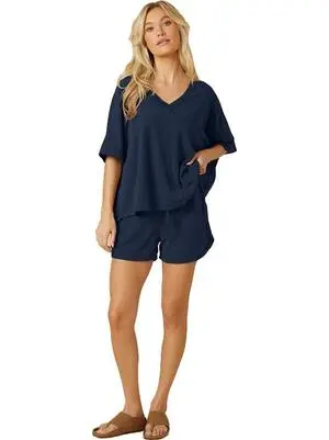 SOFTIES Terry Relaxed V-neck With Short Set - Midnight