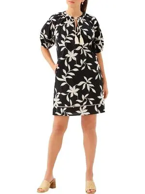 Karen Kane Floral Embroidered Puff Sleeve Cotton Shift Dress - Black