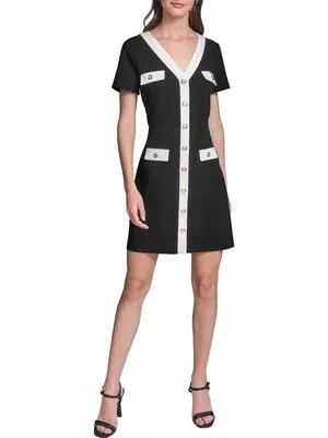 Karl Lagerfeld Short Sleeve Crepe Dress - Black Soft White