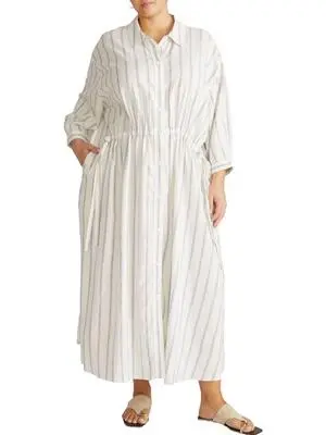 Universal Standard Drawstring Waist Button-up Linen Blend Shirtdress - Mayfair Stripe