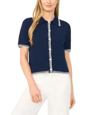 CECE DUPRAZ Pointelle Button-up Cotton Top - Classic Navy