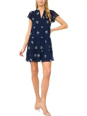 CECE DUPRAZ Embroidered Flutter Sleeve Mini Dress - Classic Navy