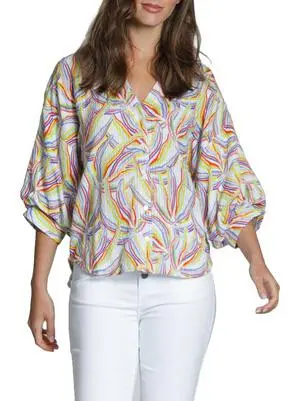 APNY Blouson Sleeve Cotton Blend Button-up Shirt - Blue Multi