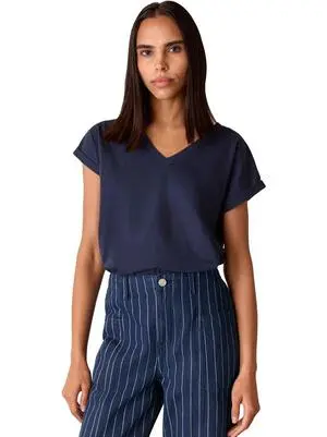 Whistles Willa V-Neck Cap-Sleeve T-Shirt Navy