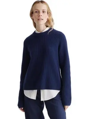 Quince Mongolian Spring Cashmere Fisherman Crewneck Sweater - Navy