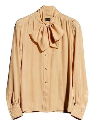 Gucci Interlocking G Chain Silk Jacquard Shirt With Self-tie Bow - Beige