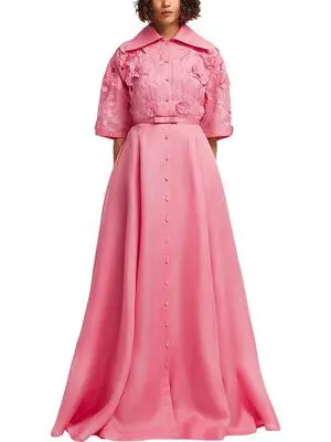 LEO LIN Junia Applique Puff Sleeve Silk Gown Fuchsia