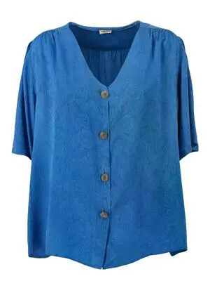 Vintage V-neck Floral Blouse - Blue
