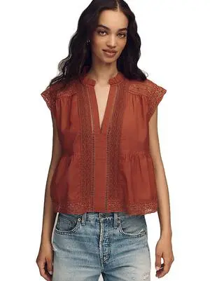 Anthropologie Short-sleeve Lace-trim Swing Blouse - Umber
