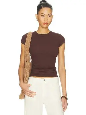 Enza Costa Textured Rib Cap Sleeve Crewneck T-shirt - Chocolate
