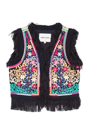 Antik Batik Floral Embroidered Vest With Fringe - Blue