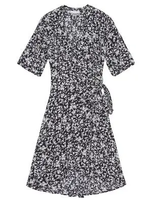 GANNI Printed Crepe Wrap Dress - Black