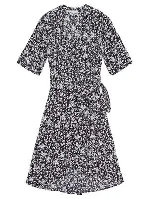 GANNI Printed Crepe Wrap Dress - Black