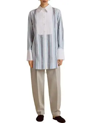 Marina Moscone Pinstripe Jacquard Slim Tuxedo Shirt - Blue
