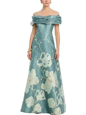 Rickie Freeman For Teri Jon Off-the-shoulder Jacquard Gown - Sage Multi