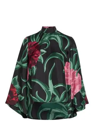 La DoubleJ Floral-Print Silk-Twill Top Black