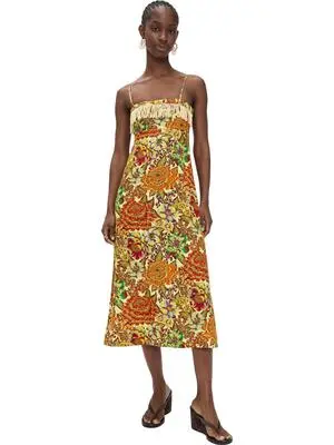 ALEMAIS Lana Floral Print Linen Midi Dress With Fringe Trim - Multi