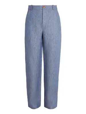 GOD'S TRUE CASHMERE Linen-denim Straight Trousers With Gemstone Detailing - Blue