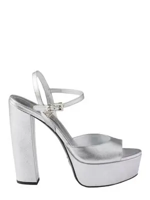 Prada Saffiano Leather Metallic Platform Sandals - Silver