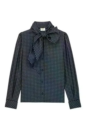 Saint Laurent Geometric-print Pussy-bow Blouse - Blue