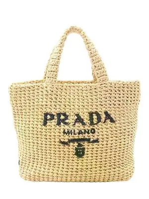 Prada Small Raffia Effect Crochet Embroidered Logo Tote Bag - Neutrals