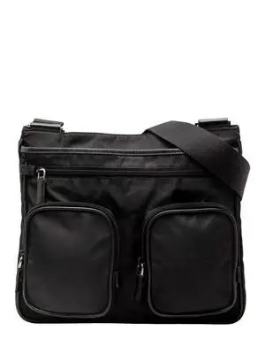 Prada Saffiano Trimmed Tessuto Zip Top Crossbody Bag - Black