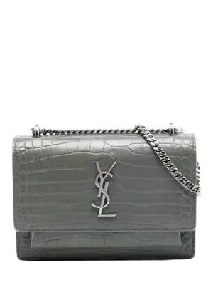 Saint Laurent 2017 Mini Croc Embossed Leather Monogram Sunset Wallet On Chain - Grey