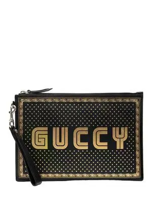 Gucci Leather Guccy Sega Clutch - Black