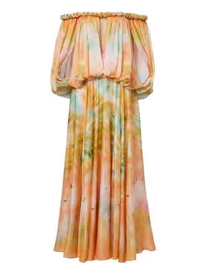 Zimmermann Luna Off-Shoulder Printed Silk Chiffon Gown Multicoloured
