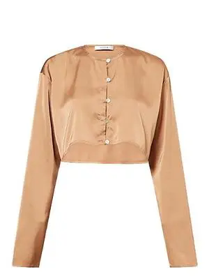 HYPHEN Long-sleeve Cropped Satin Top - Latte