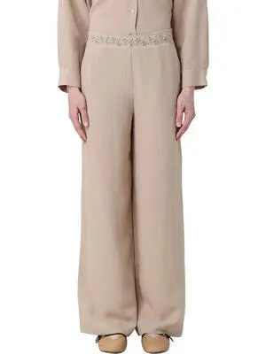 HANITA Hanita Linen Blend Palazzo Trousers With Embroidery Beige