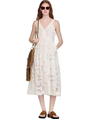 Sandro Openwork Floral Cotton Midi Dress - Ecru