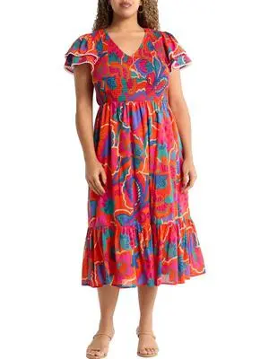 SUGARLIPS Floral Tiered Midi Dress - Red-multi