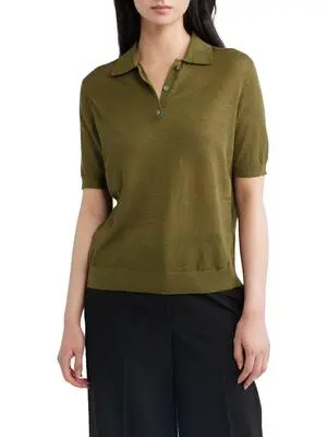 Theory Semisheer Linen Blend Polo - Forest Moss