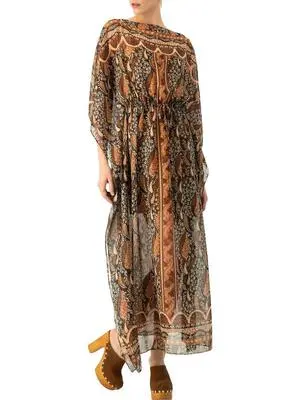 IVONNE Long Batwing Sleeve Paisley Dress - Brown